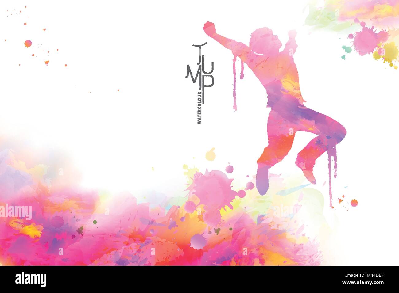 Watercolor jump man, man in victory pose with watercolor paint strokes ...