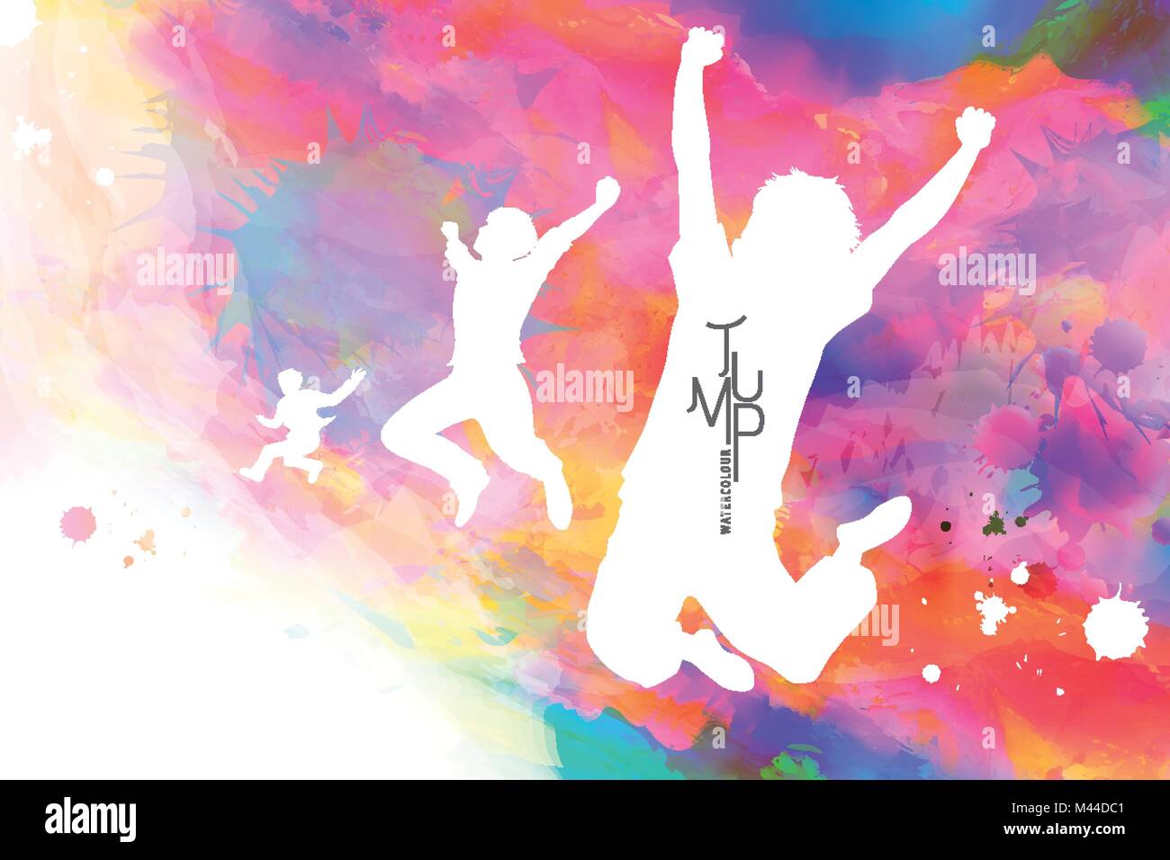 Watercolor jump man, man in victory pose with watercolor paint strokes ...