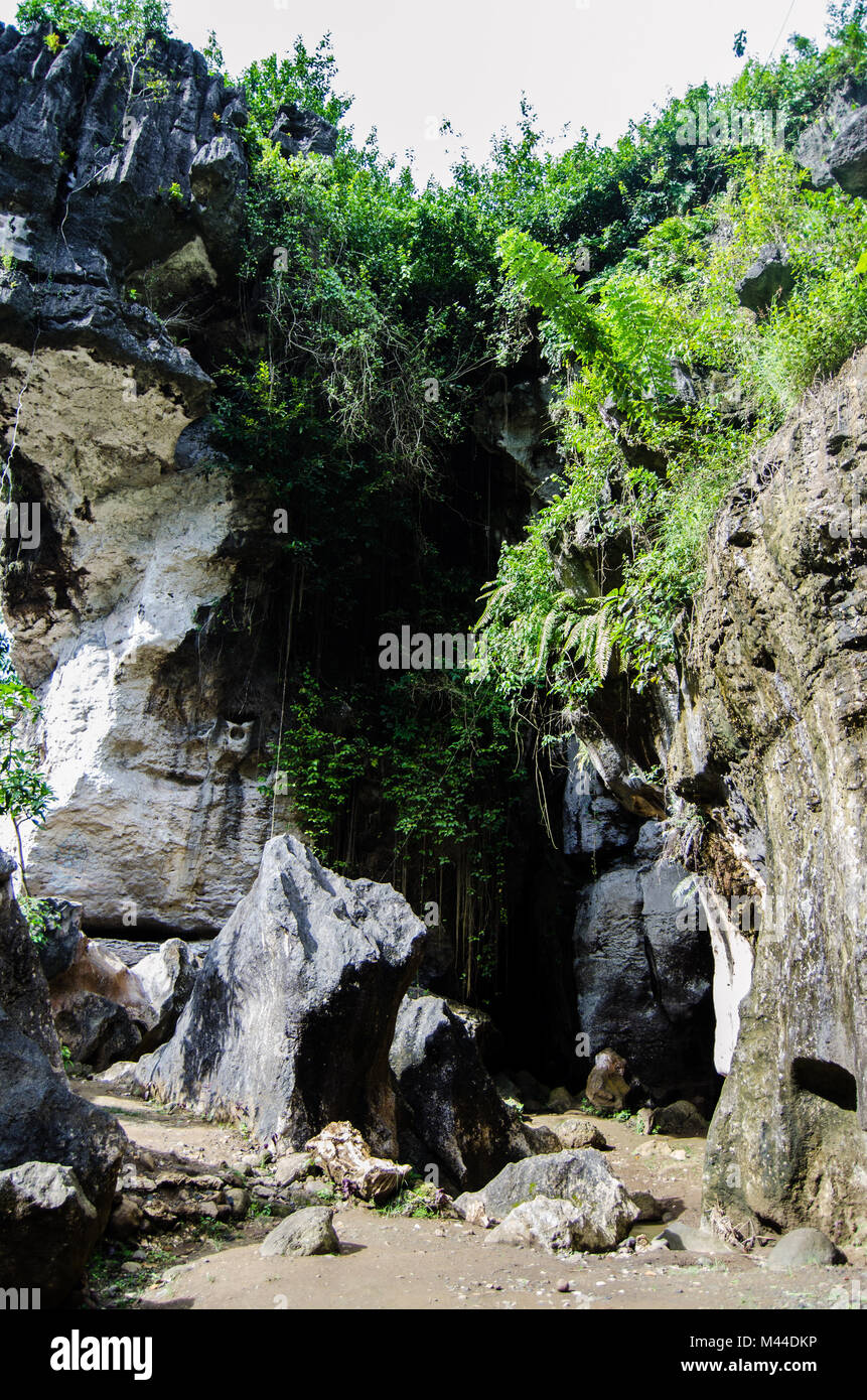 stone cliff with a dark cave mouth Stock Photo - Alamy