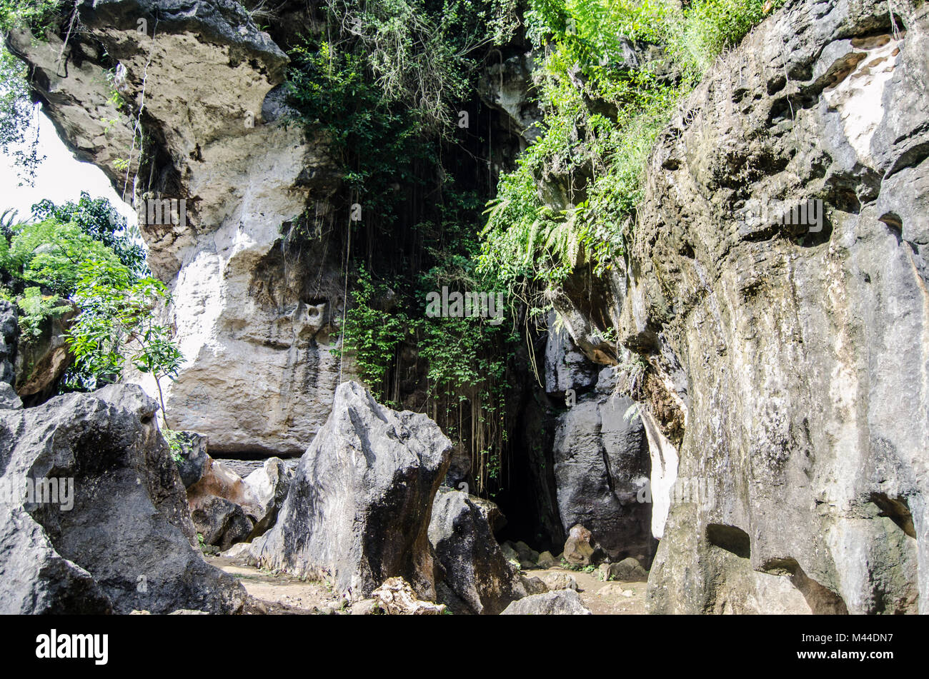 stone cliff with a dark cave mouth Stock Photo - Alamy