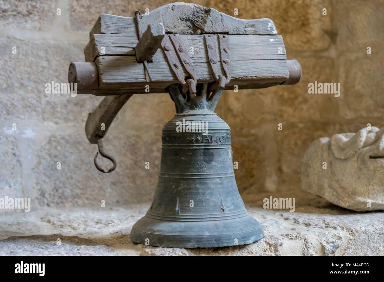 church bell inside the Cathedral of Ourense in Spain. Gothic style ...
