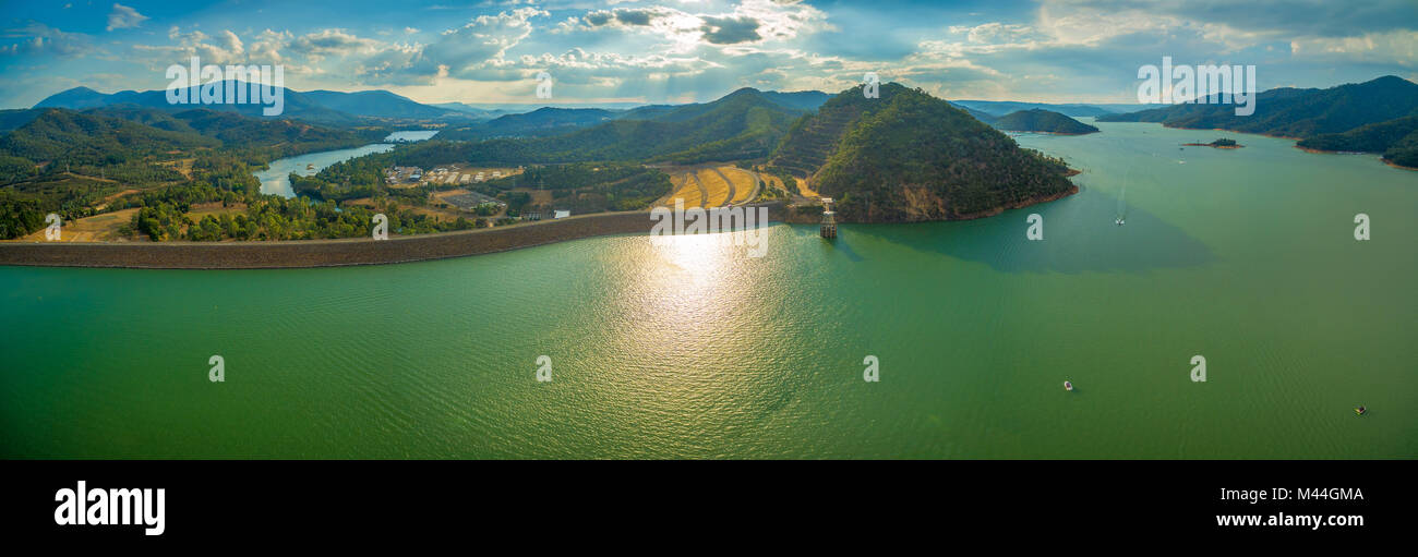 Large aerial panorama of Lake Eildon dam at beautiful sunset in ...