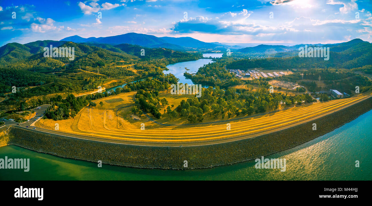 Aerial panorama of Lake Eildon dam and Goulburn River. Melbourne ...