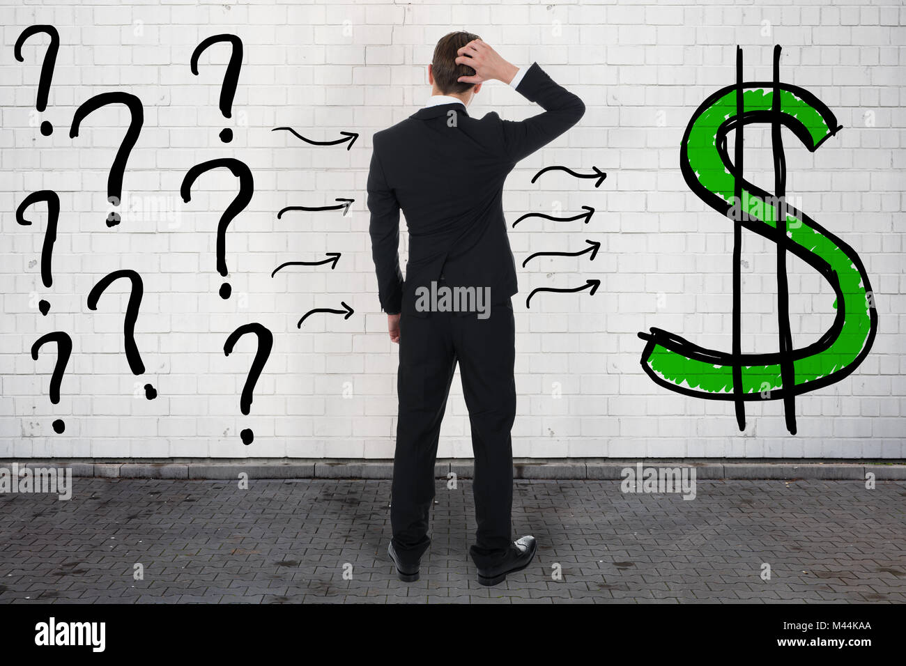 Rear view of confused businessman looking at question marks and dollar ... Rear view of confused businessman looking at question marks and dollar ...