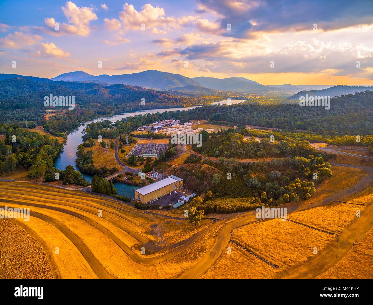 Scenic aerial view of Eildon Dam and Goulburn River at golden sunset ...