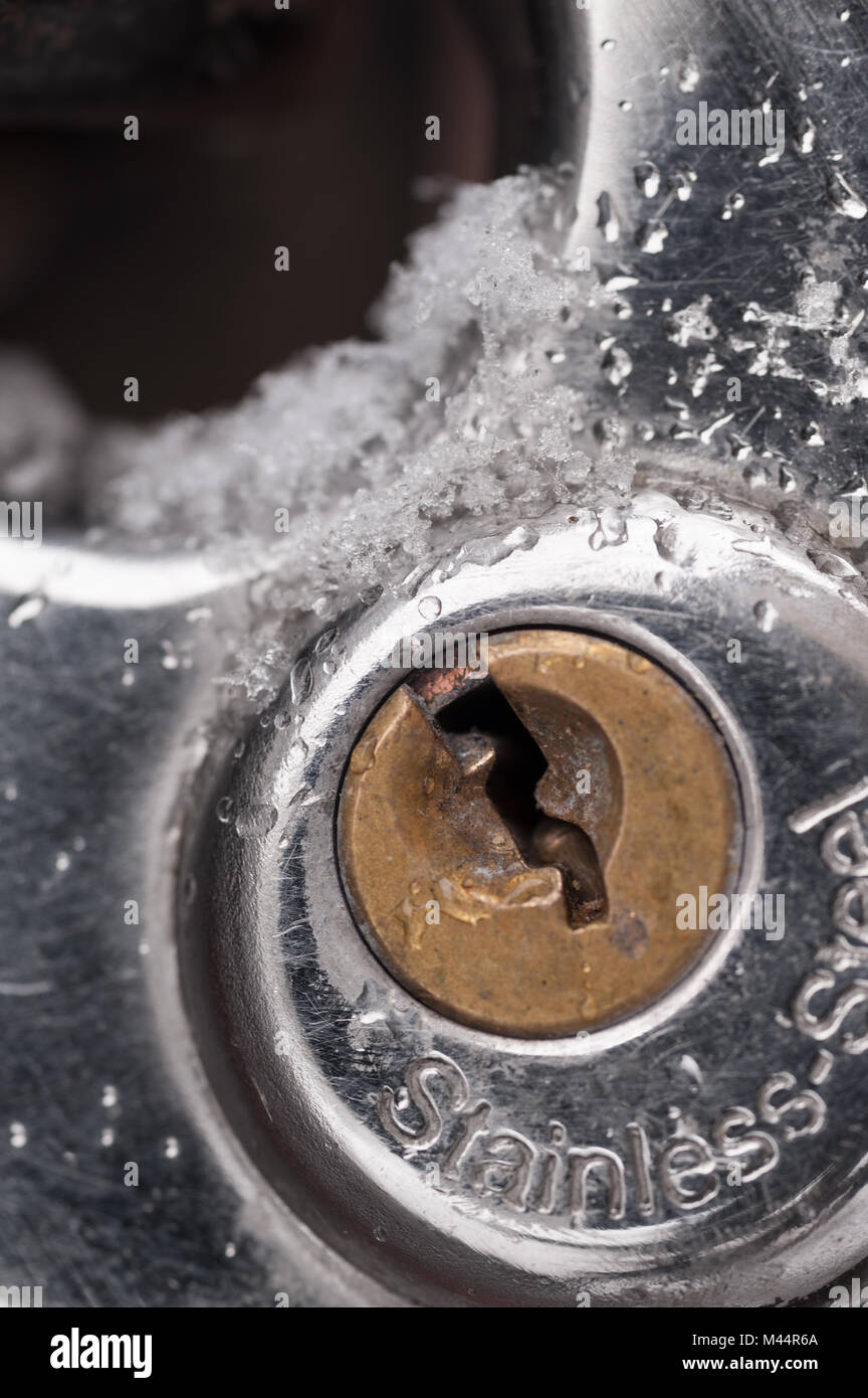 Stainless steel shackle padlock frozen mechanism due to snow and ...