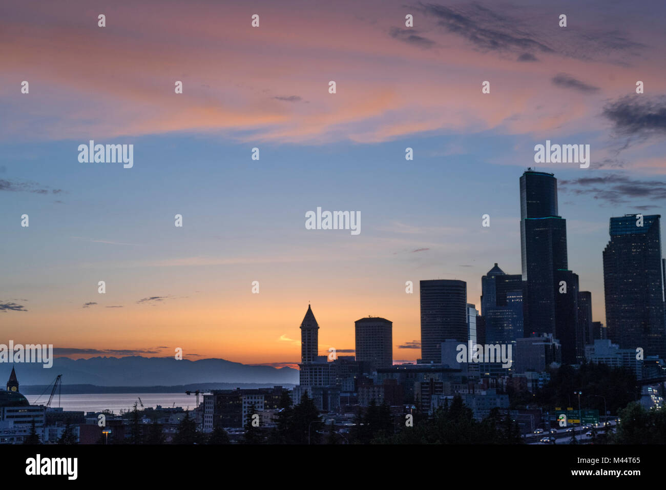 United States, Washington, Seattle, Skyline with Puget Sound and ...