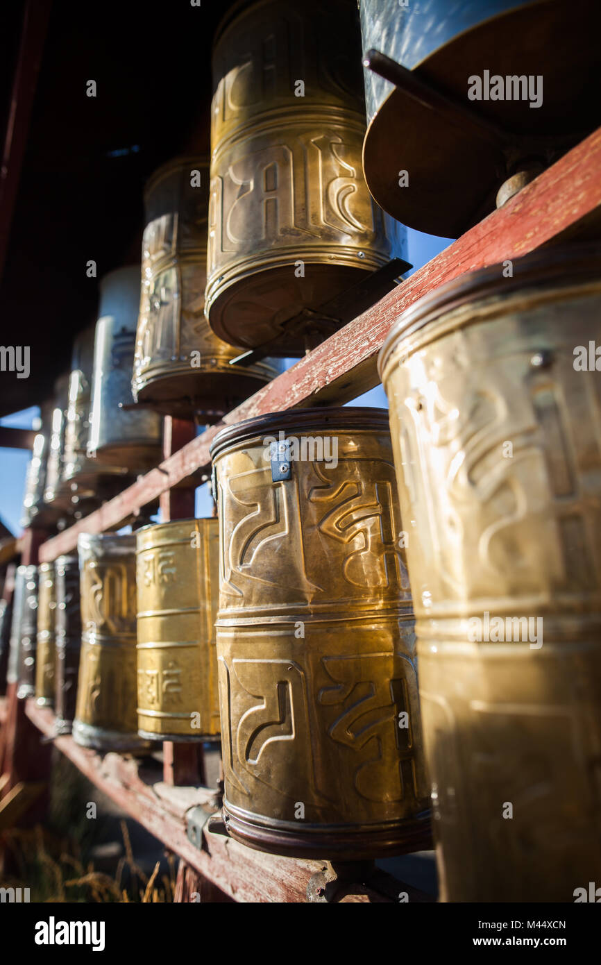 Spinning Buddhist prayer drums at a monastery in Mongolia Stock Photo ...