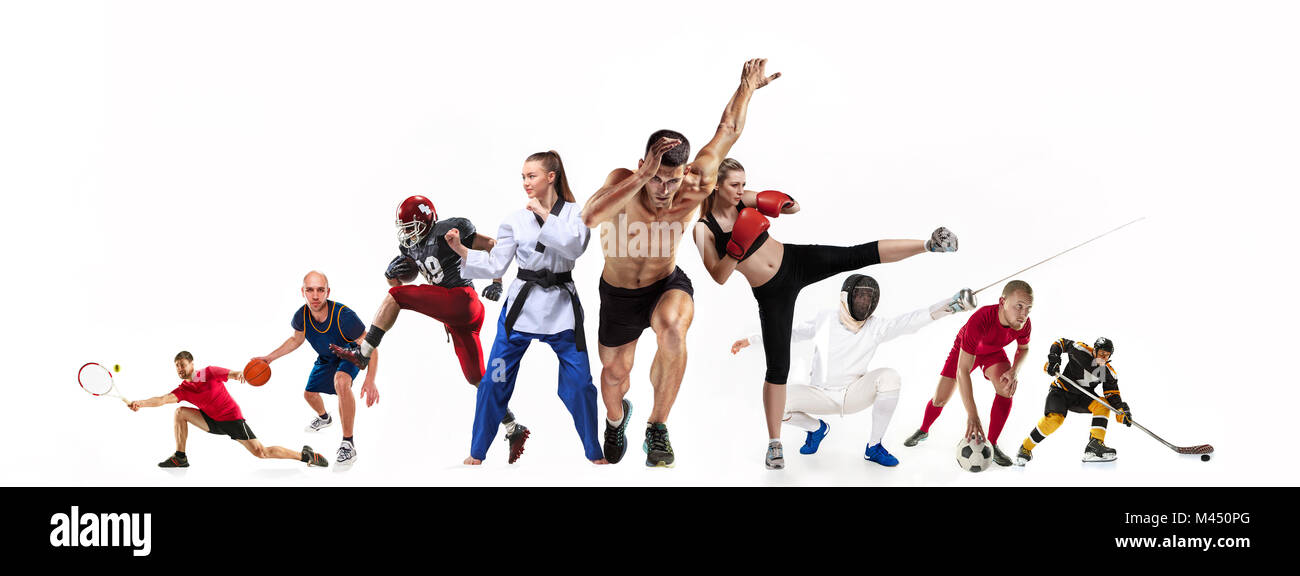 Sport collage about boxing, soccer, american football, basketball, ice ...