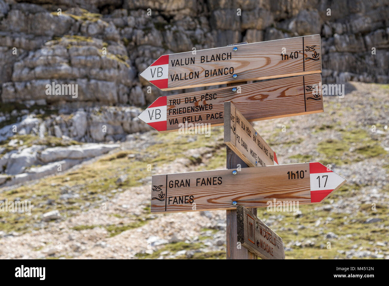Trail signs along the path to mount Croda del Vallon Bianco,San Vigilio ...