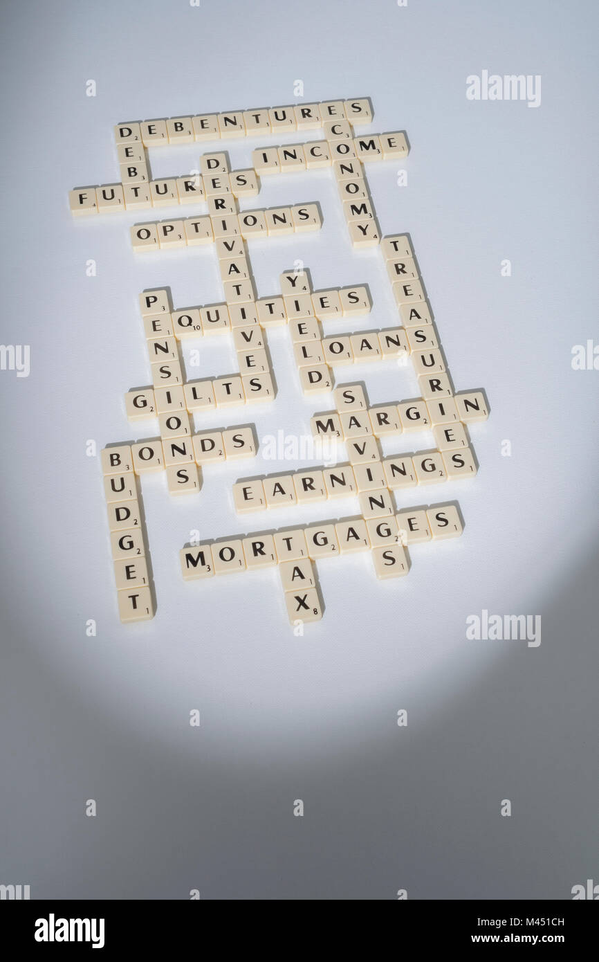 Alphabet tiles forming financial instruments, financial and money ...