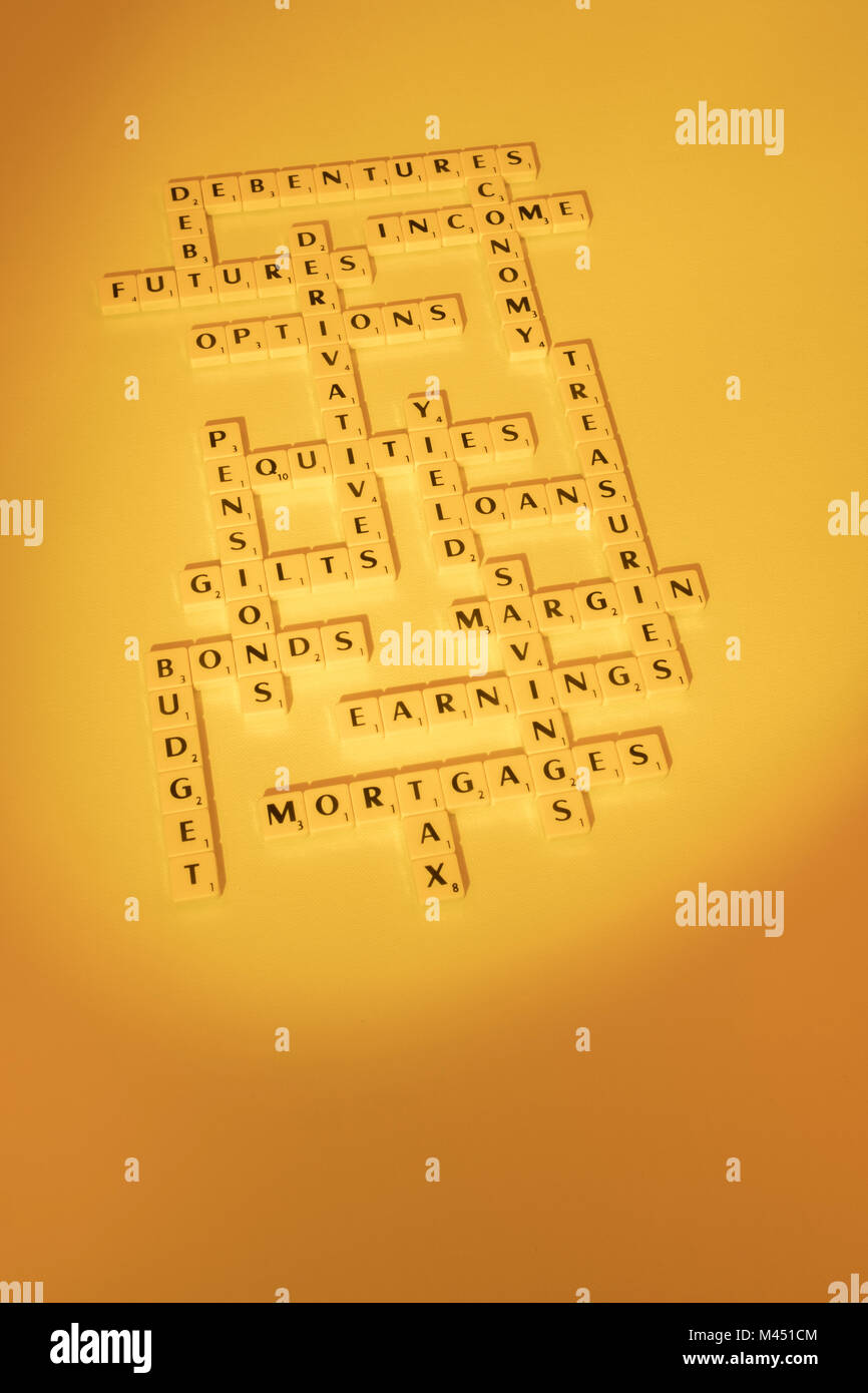 Alphabet tiles forming financial instruments, financial and money ...