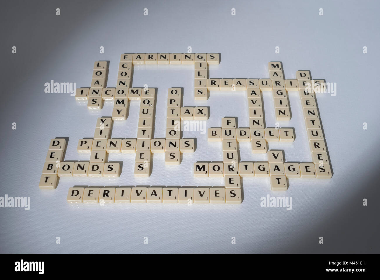 Alphabet tiles forming financial instruments, financial system, money ...