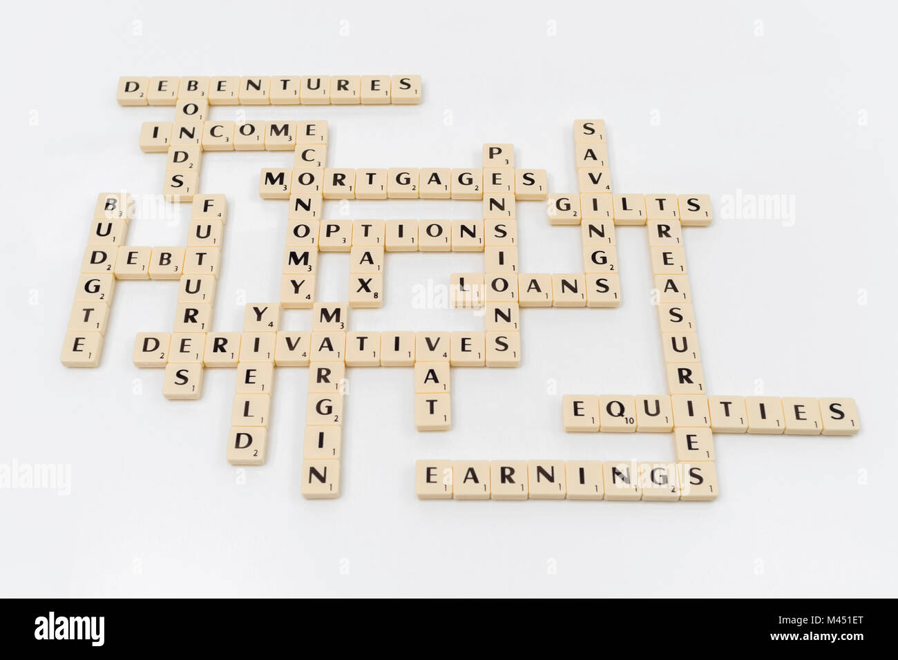 Alphabet tiles forming financial instruments, financial system, money ...