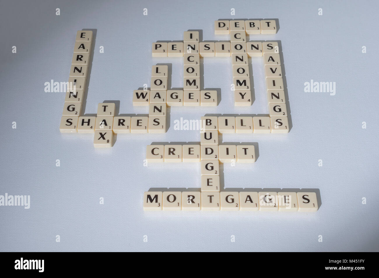 Alphabet tiles forming financial instruments, financial system, money ...