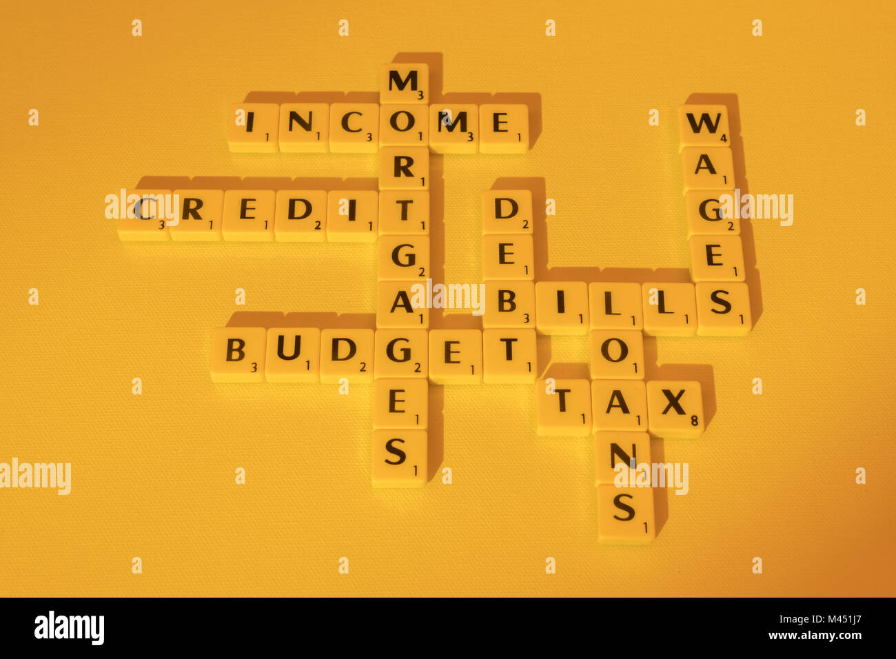 Alphabet tiles forming financial instruments, financial system, money ...