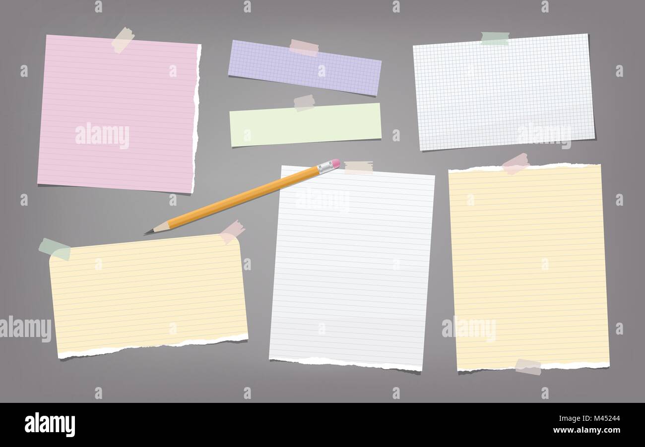 Torn colorful and white note, notebook paper strips, sheets, pencil for ...