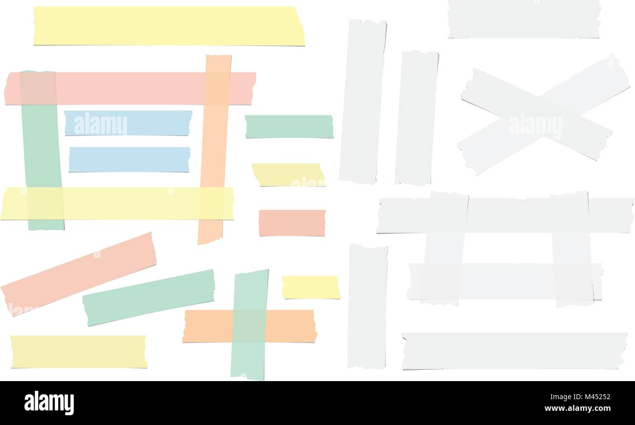 White and colorful adhesive, sticky, masking, duct tape, paper pieces ...