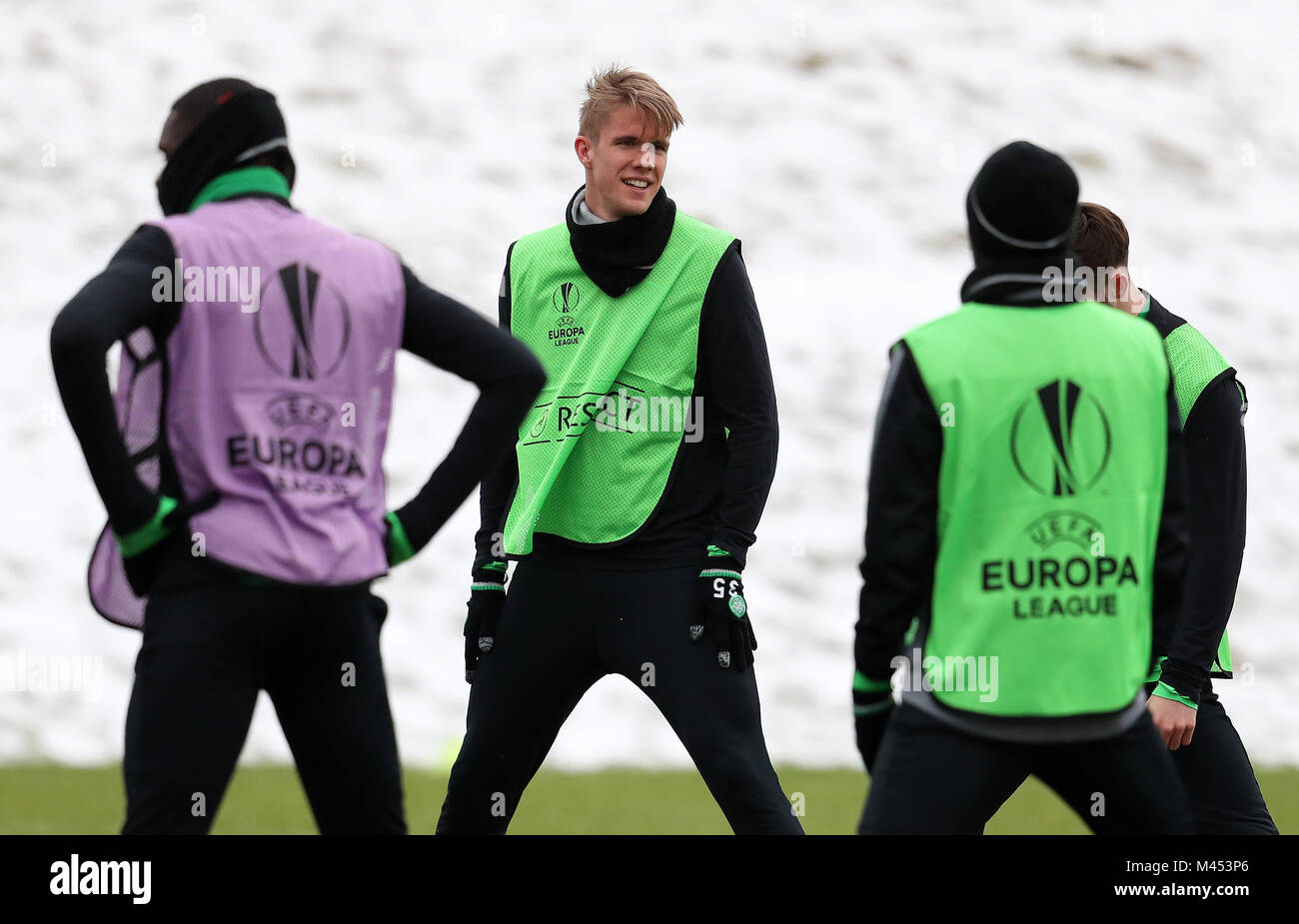 Kristoffer Ajer (centre) during the training session at Lennoxtown ...