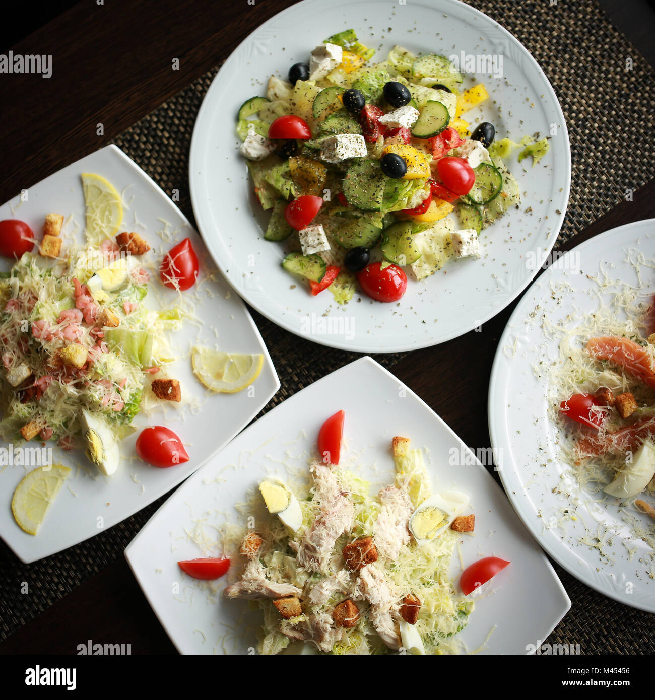 Salad top view. Plates on table. Food photography concept. Healthy diet ...
