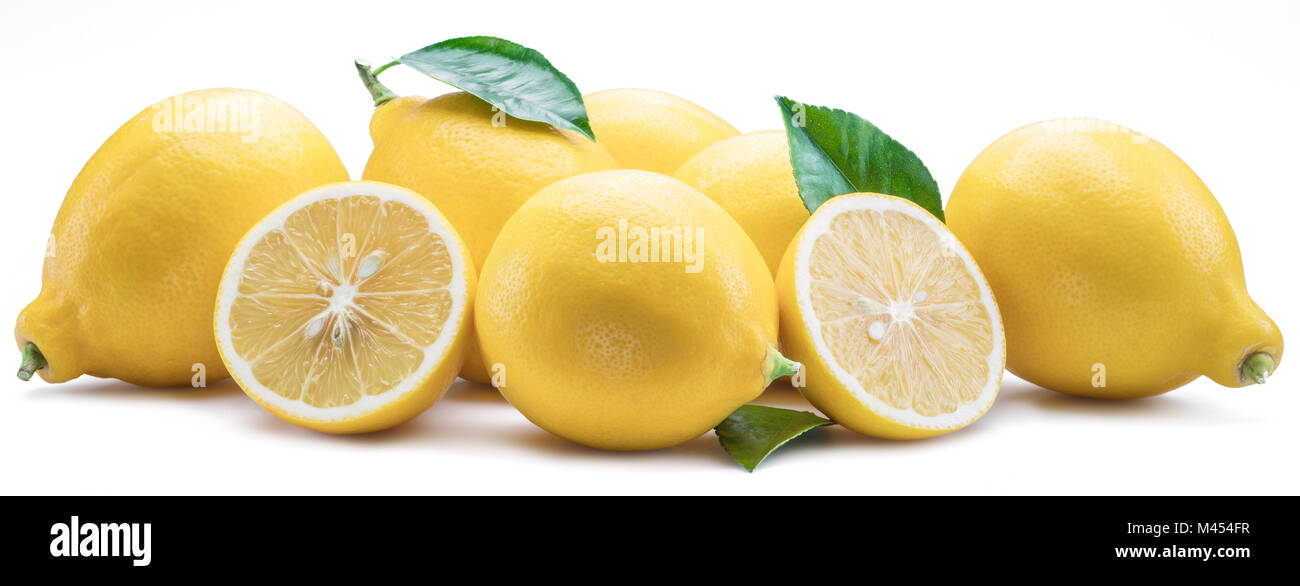 Group of lemon fruits with lemon leaves on the white background Stock ...