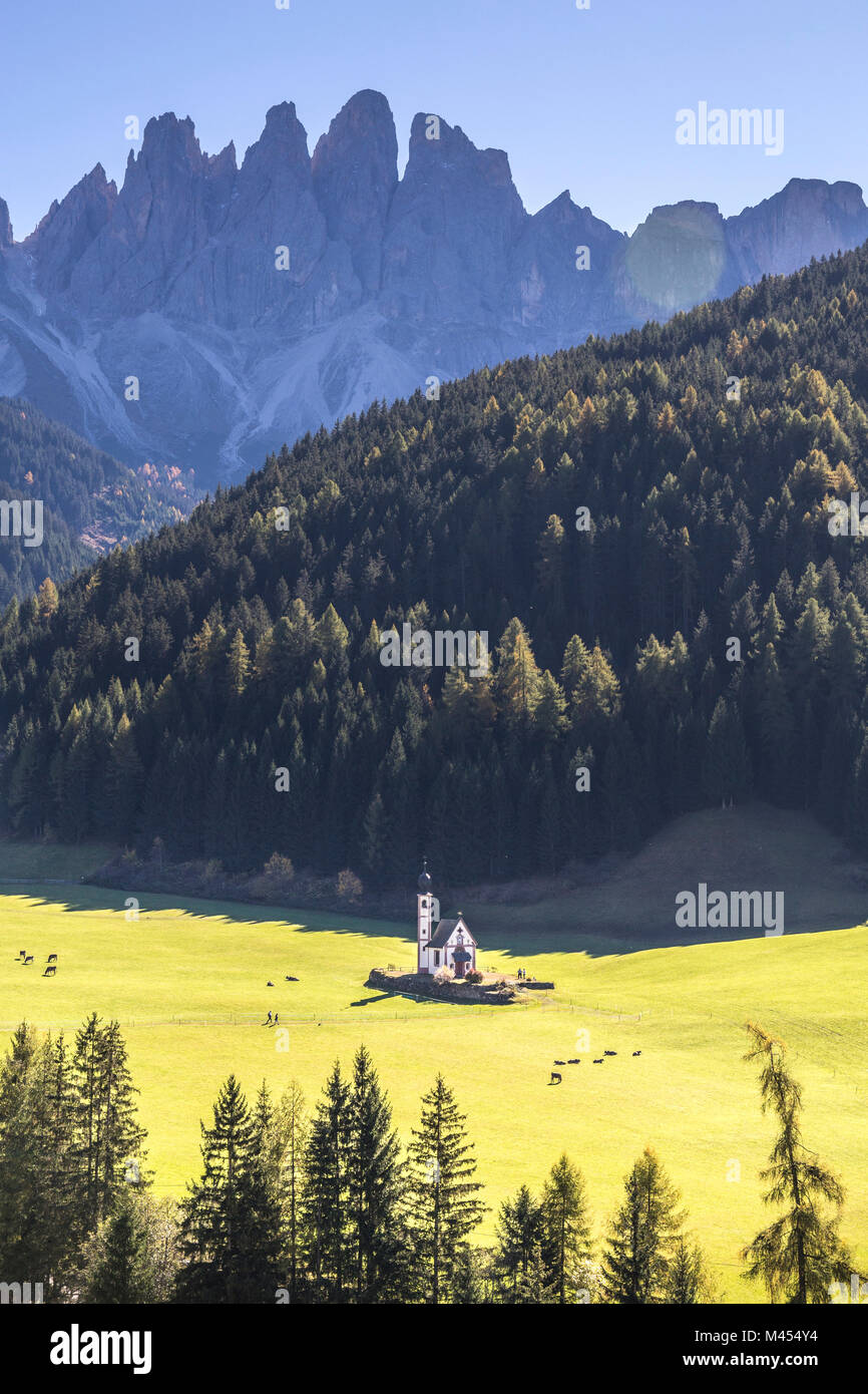 Funes Valley with San Giovanni ranui Church. Puez Odle Natural Park ...