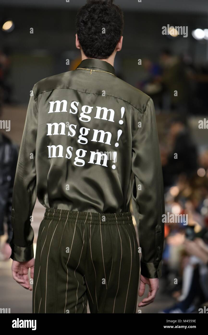 A model on the catwalk at the MSGM show during Milan Men's Fashion Week ...