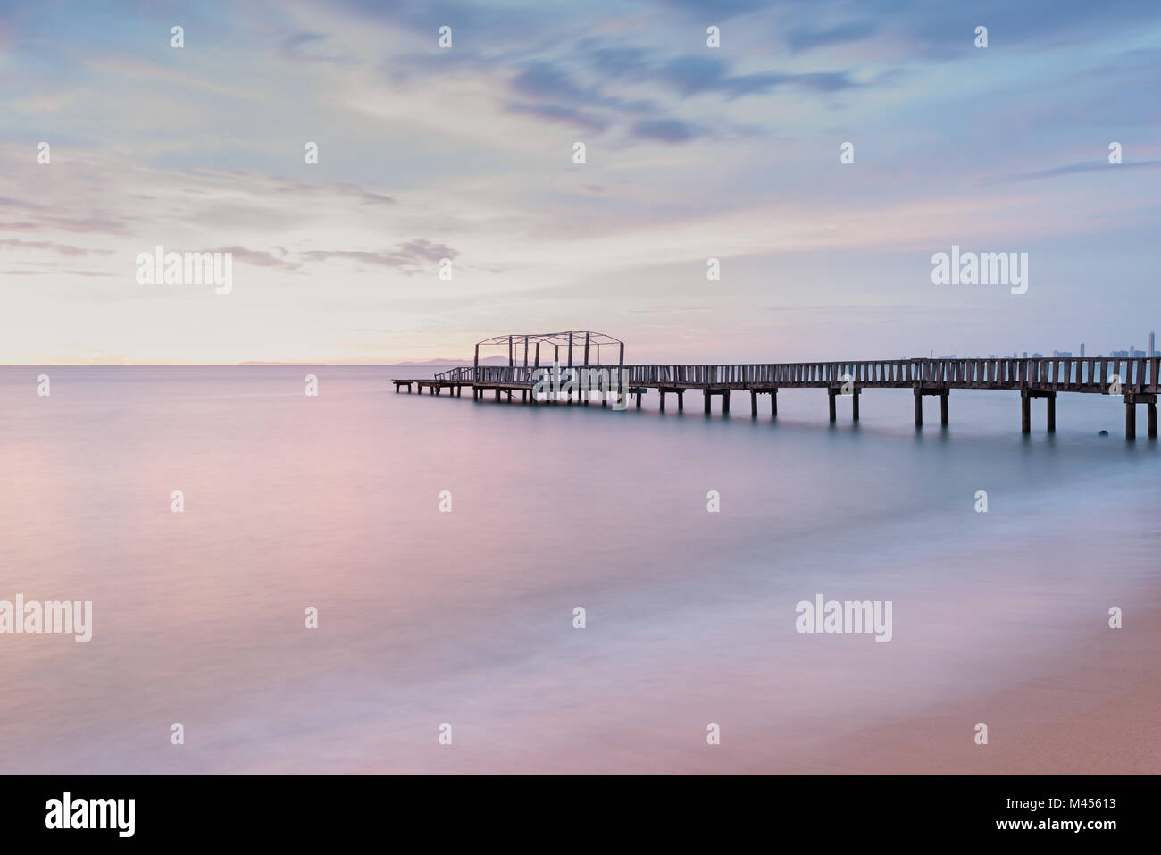 Panorama scene of wooden bridge along twilight sky at beautiful Stock ...
