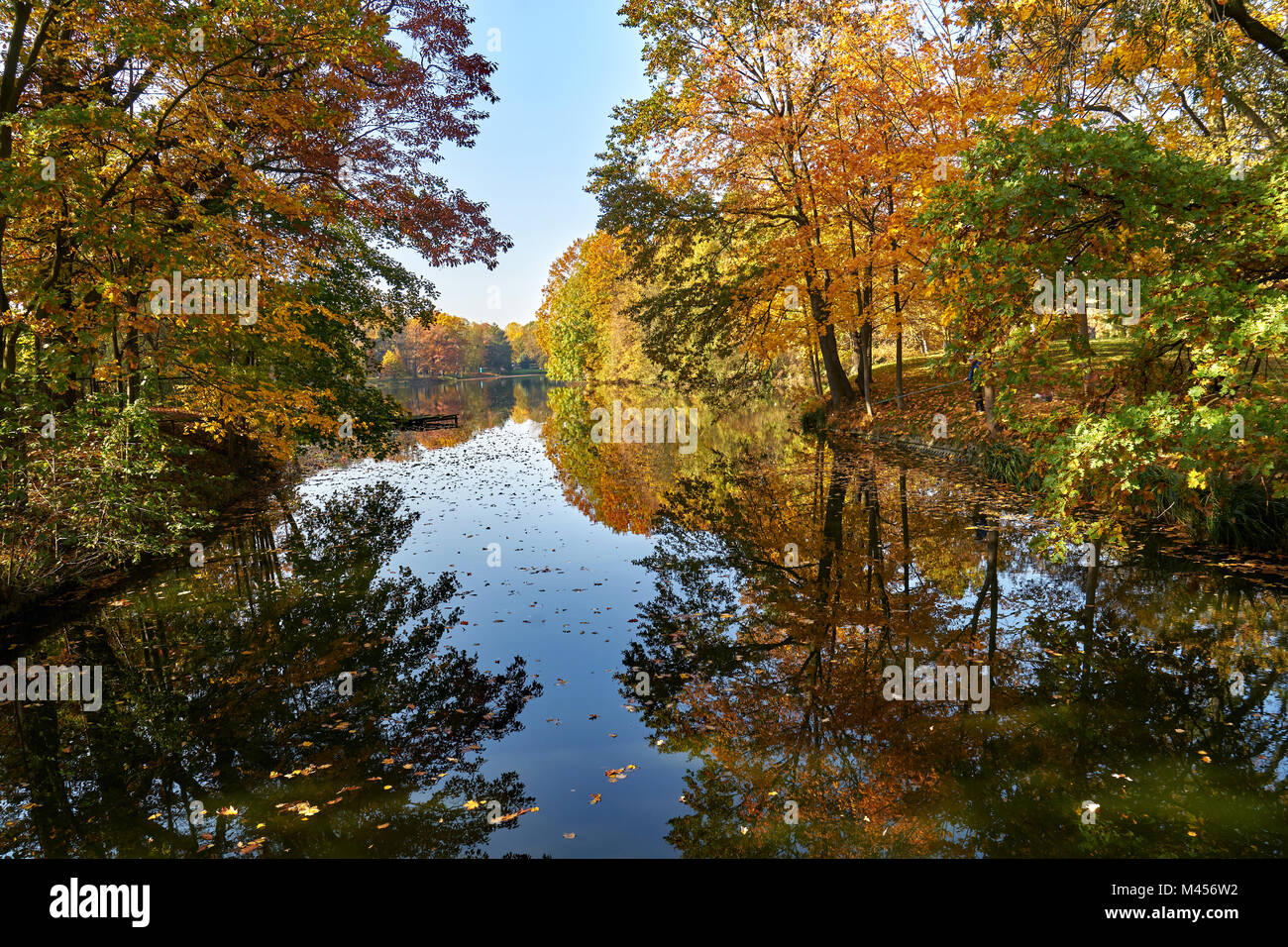 Sunny autumn landscape - a park in golden colors, a waterway with ...