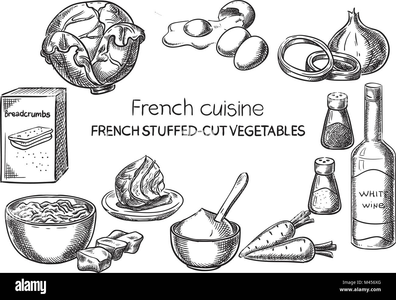 French Stuffed-Cut Vegetables. Creative conceptual vector. Sketch hand ...