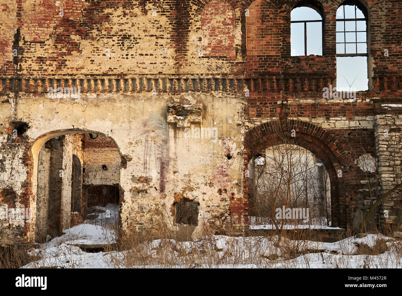Mysterious ruin, the wall of an old destroyed residential building ...