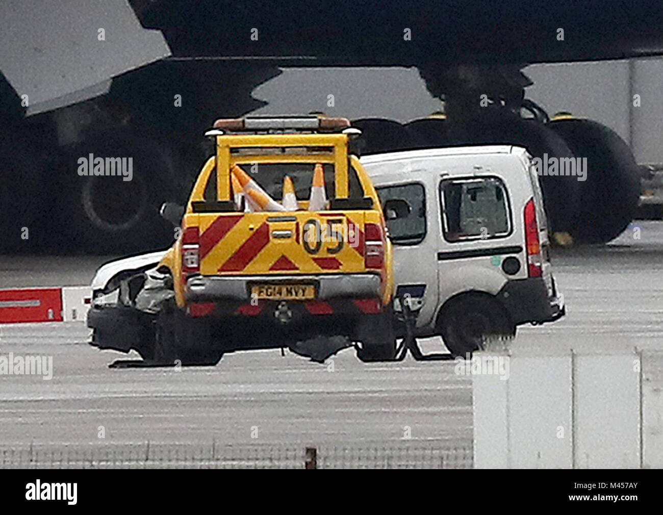 The two vehicles involved in a collision at Heathrow Airport where a ...