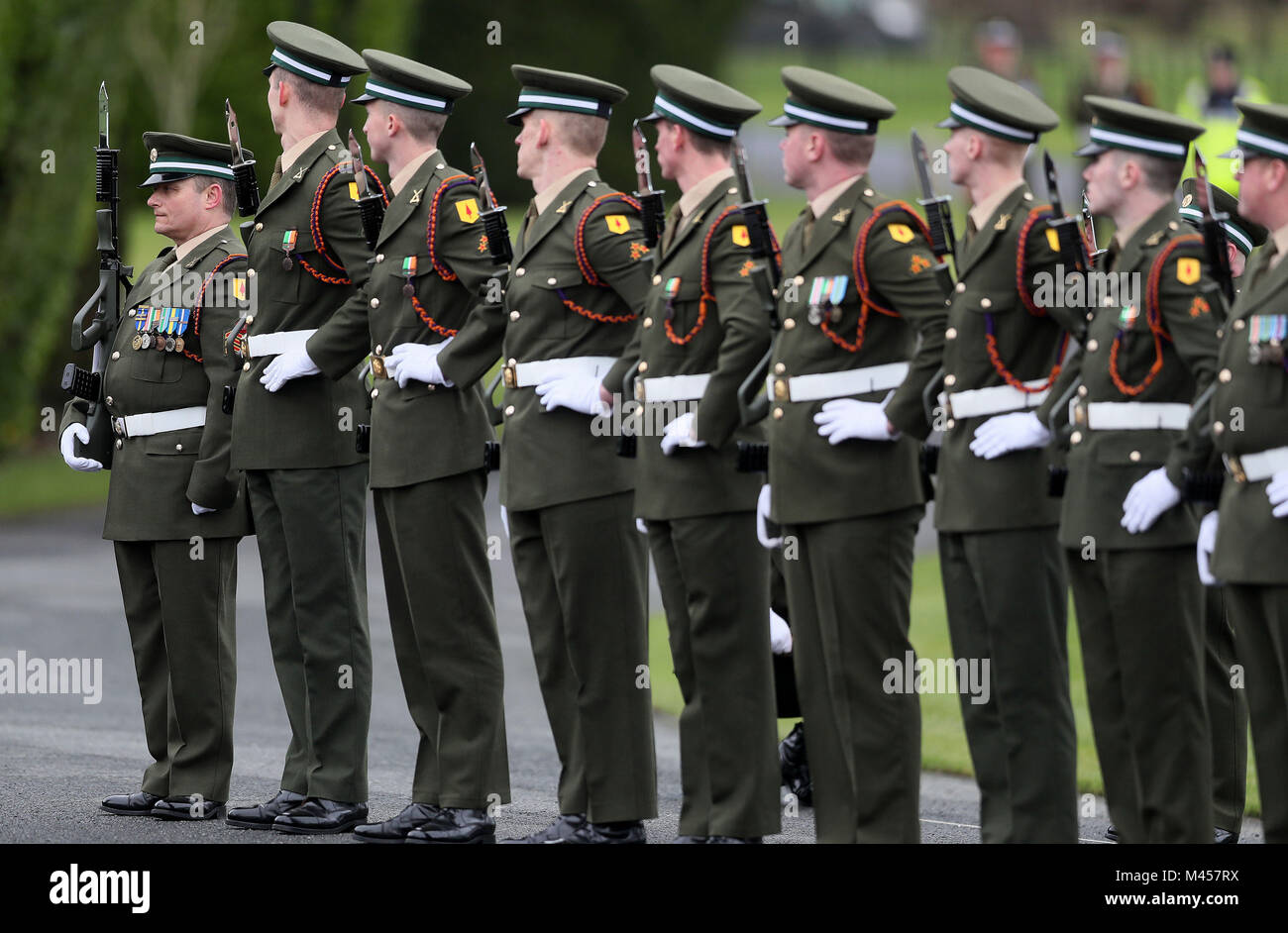 Members of the defence forces prepare a guard of honour at Aras an ...