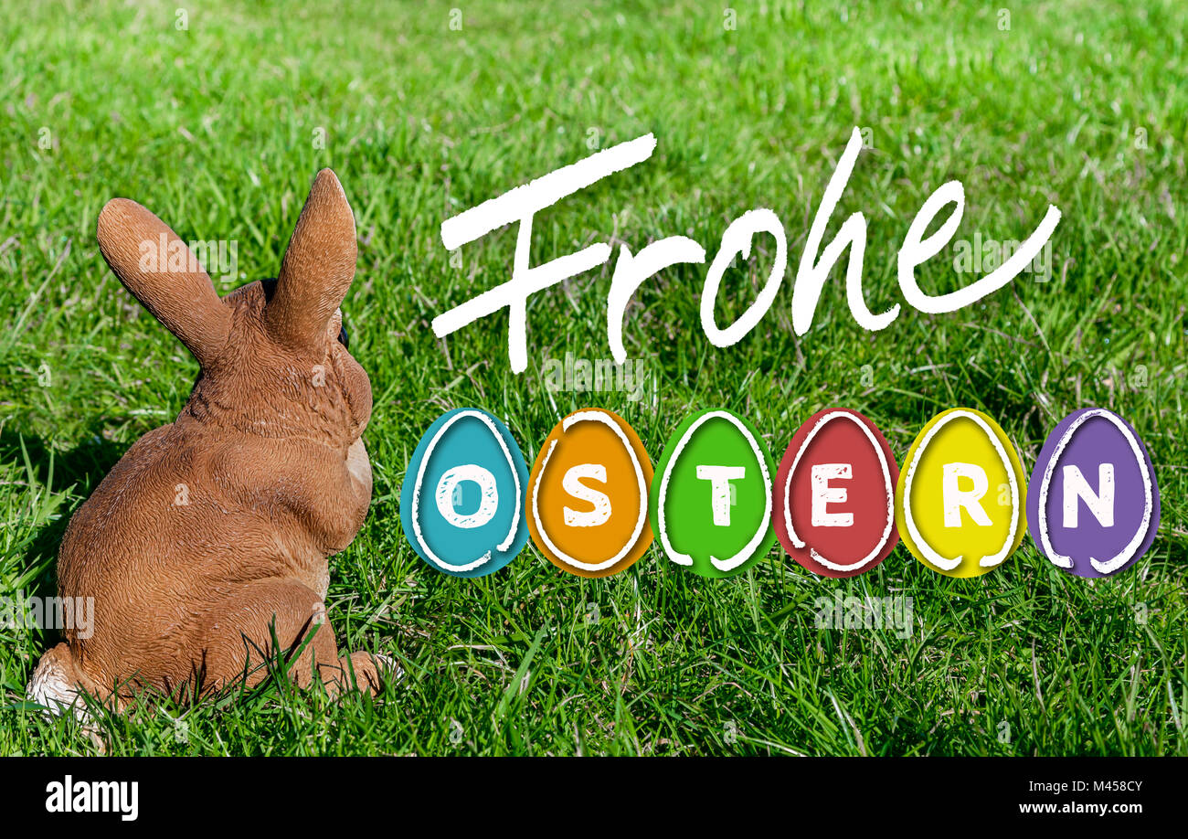Frohe Ostern (in german happy easter) with colorful eggs and easter ...