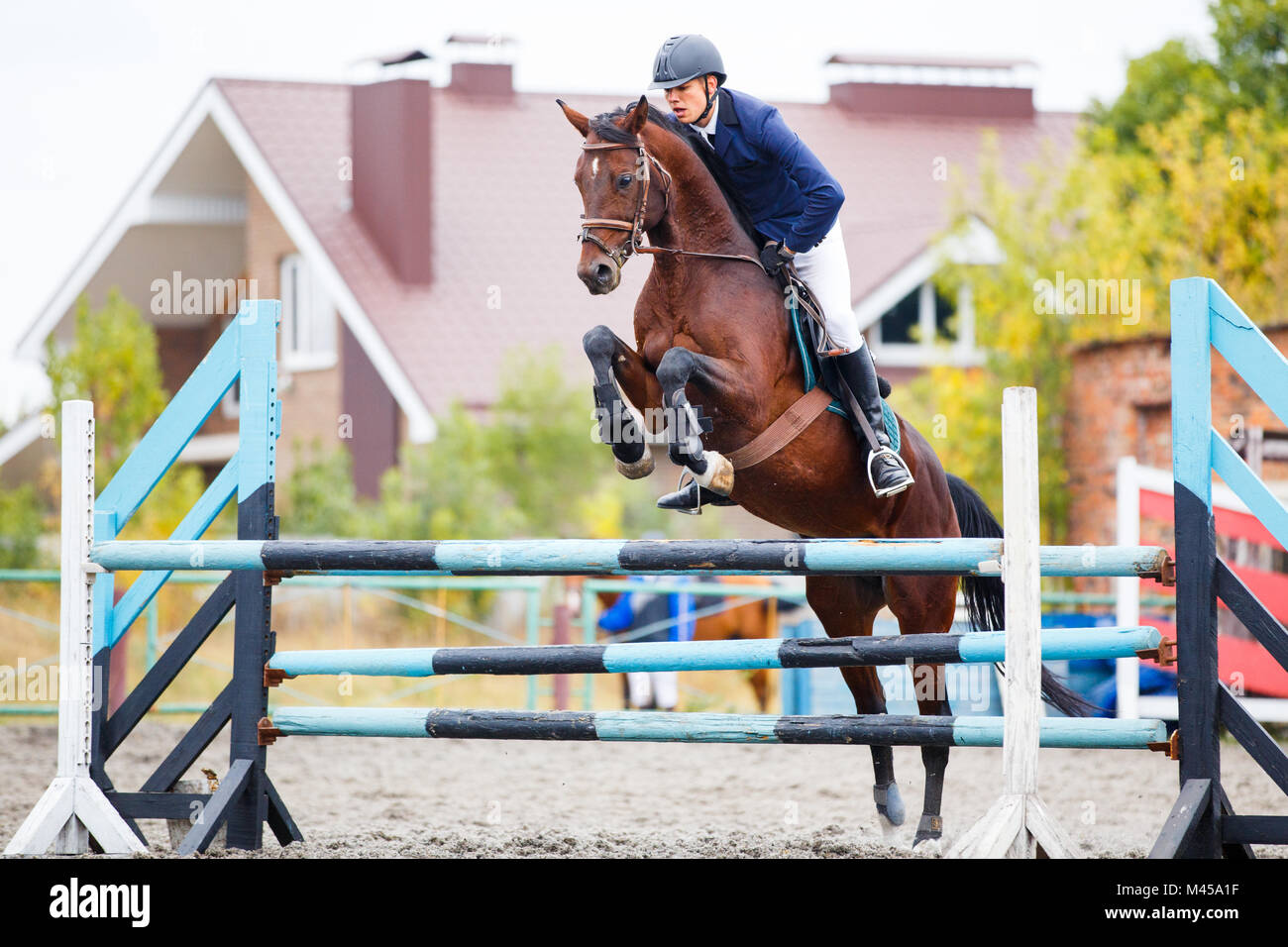 Young rider man on bay horse jumping over hurdle on show jumping ...