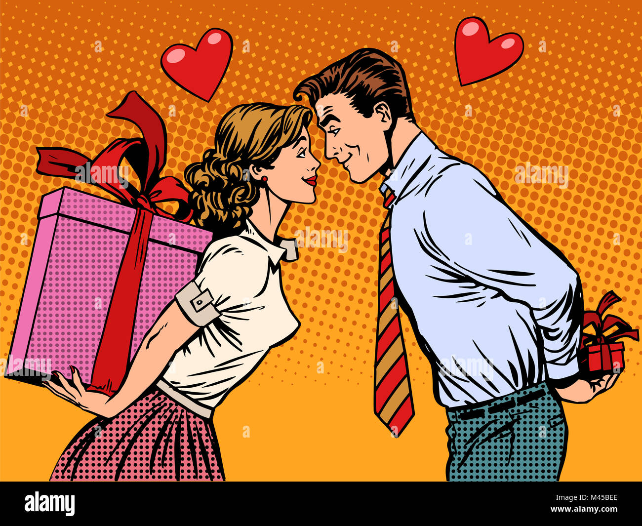 Valentine day lovers man and woman with gifts Stock Photo - Alamy