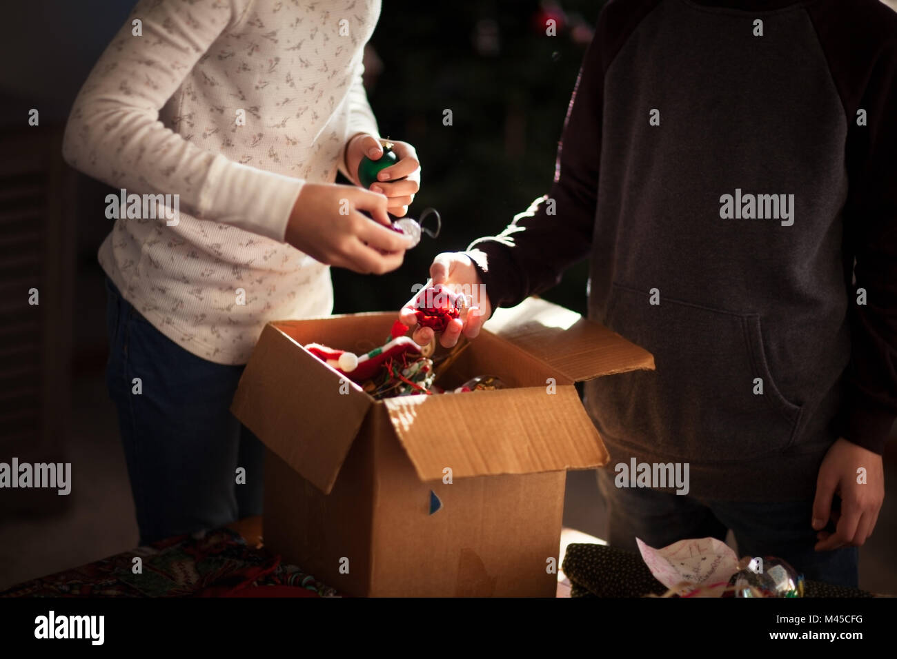 Brother and sister putting up Christmas decorations Stock Photo - Alamy