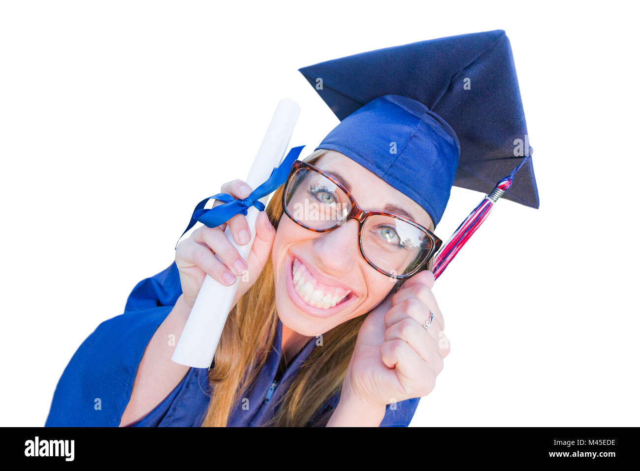 Goofy Graduating Young Girl In Cap and Gown Isolated on a White ...