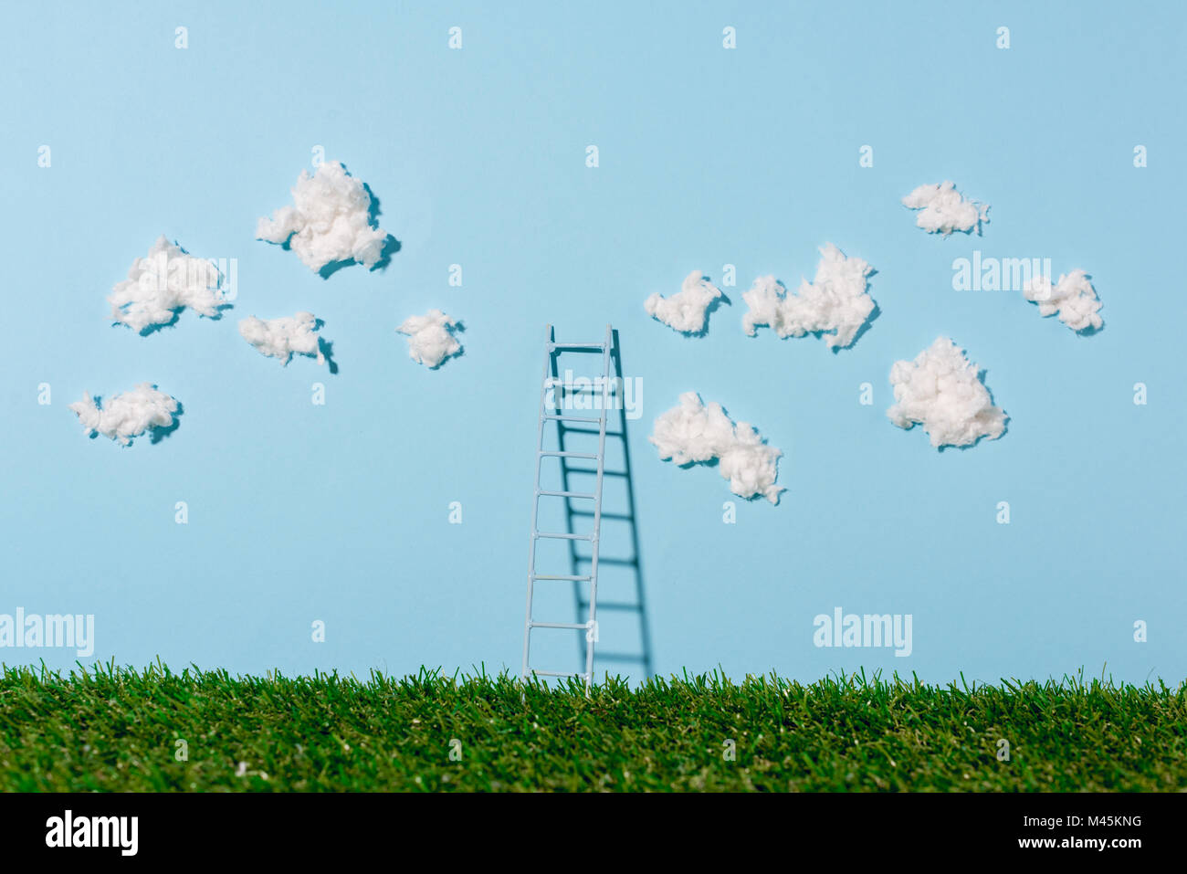 small ladder standing on green grass and blue sky with clouds Stock ...