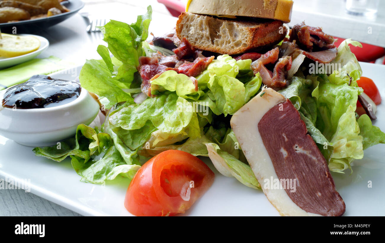 Gourmet plate of duck meat chunks and pate slice served with green ...