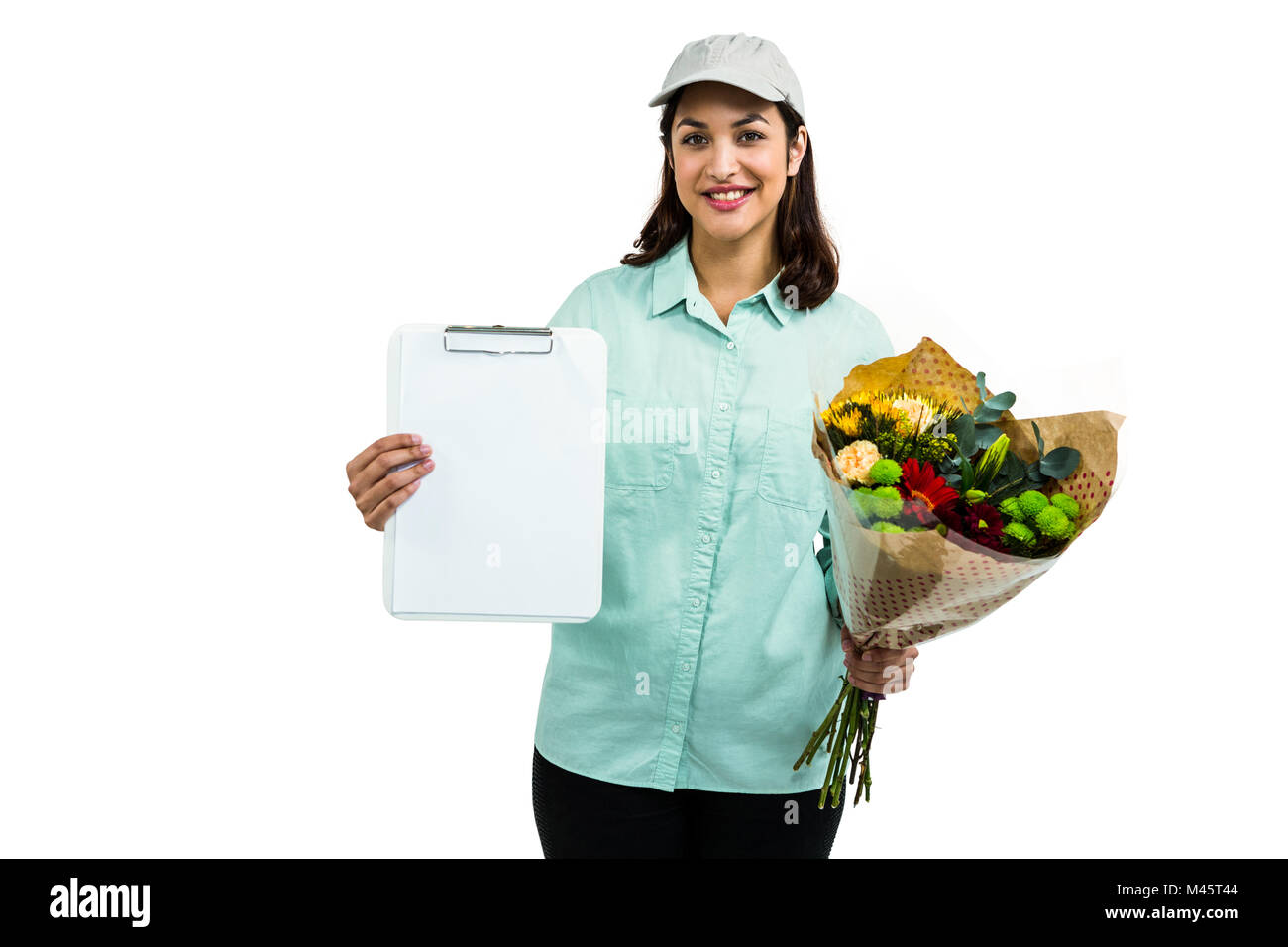 Portrait of cheerful delivery woman with flower bouquet Stock Photo - Alamy