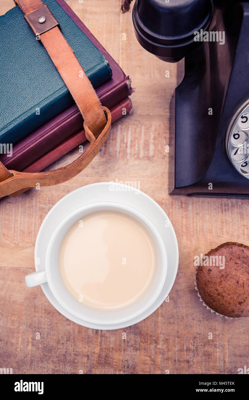 Coffee with old landline telephone and diaries Stock Photo - Alamy
