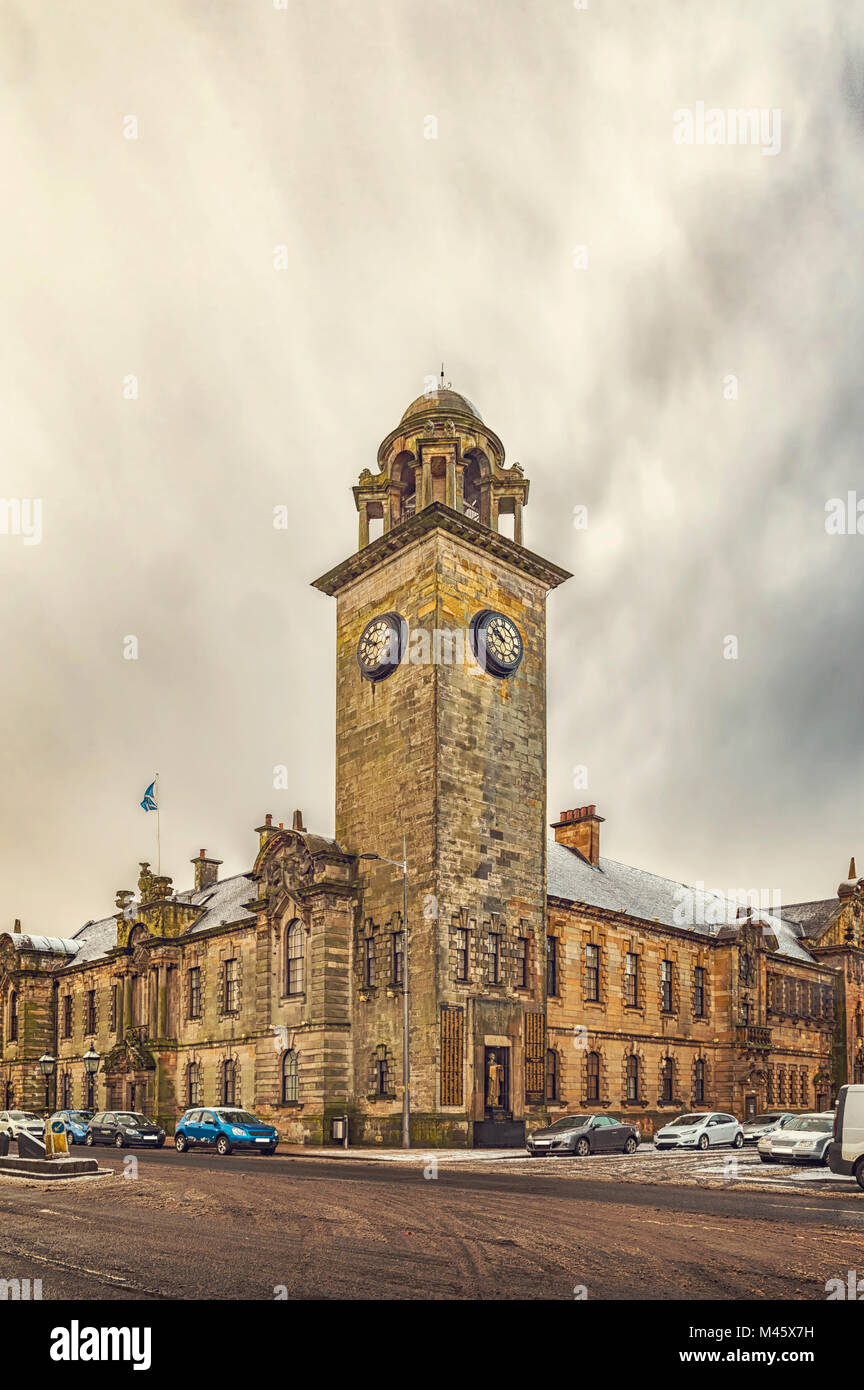 A view of the town hall clock tower in Clydebank from the opposite ...