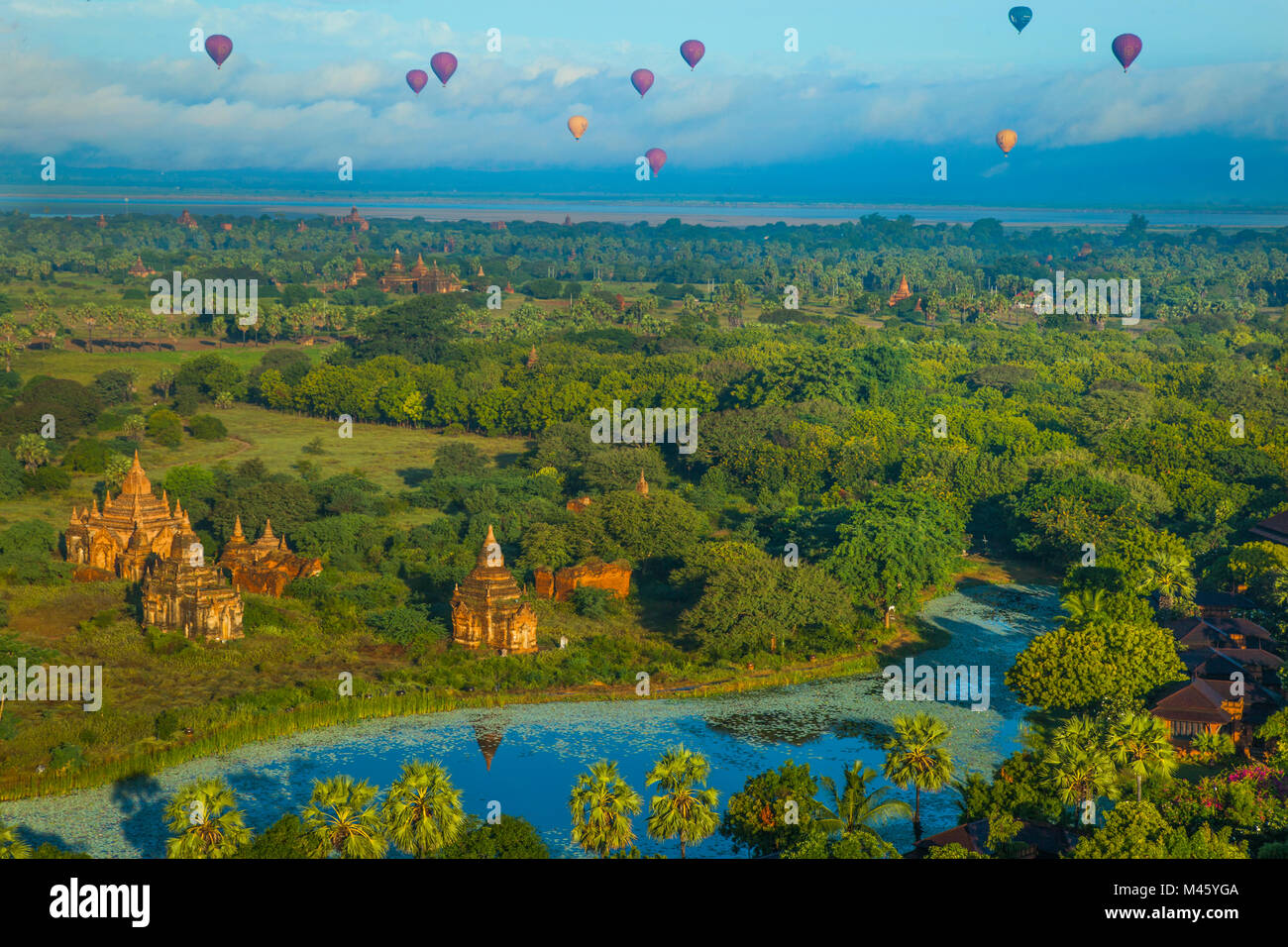 Hot air balloons Morning view of the temples of Bagan Myanmar Stock ...