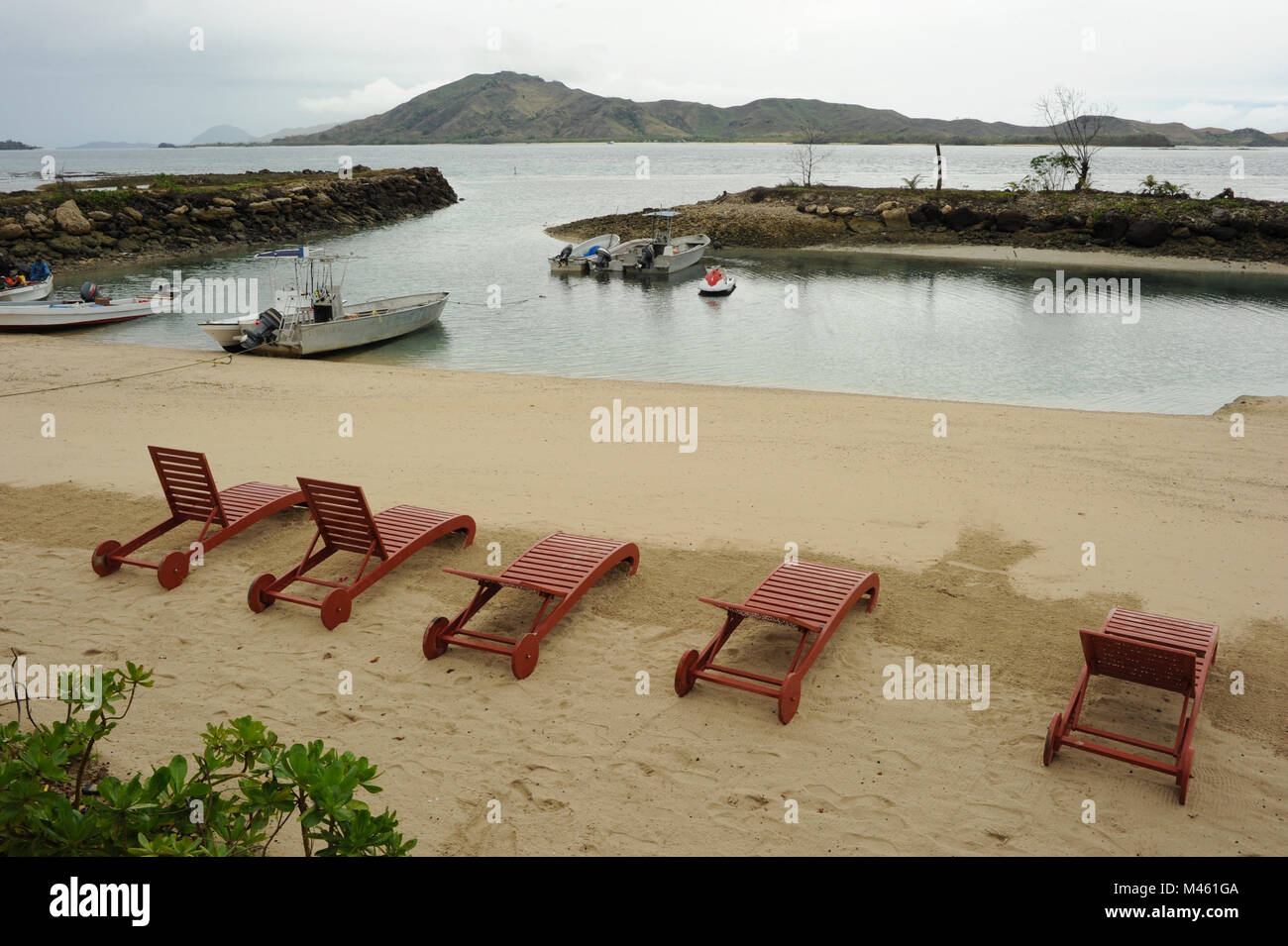 A misty day at the Coral View resort on the island of Tavewa in the ...