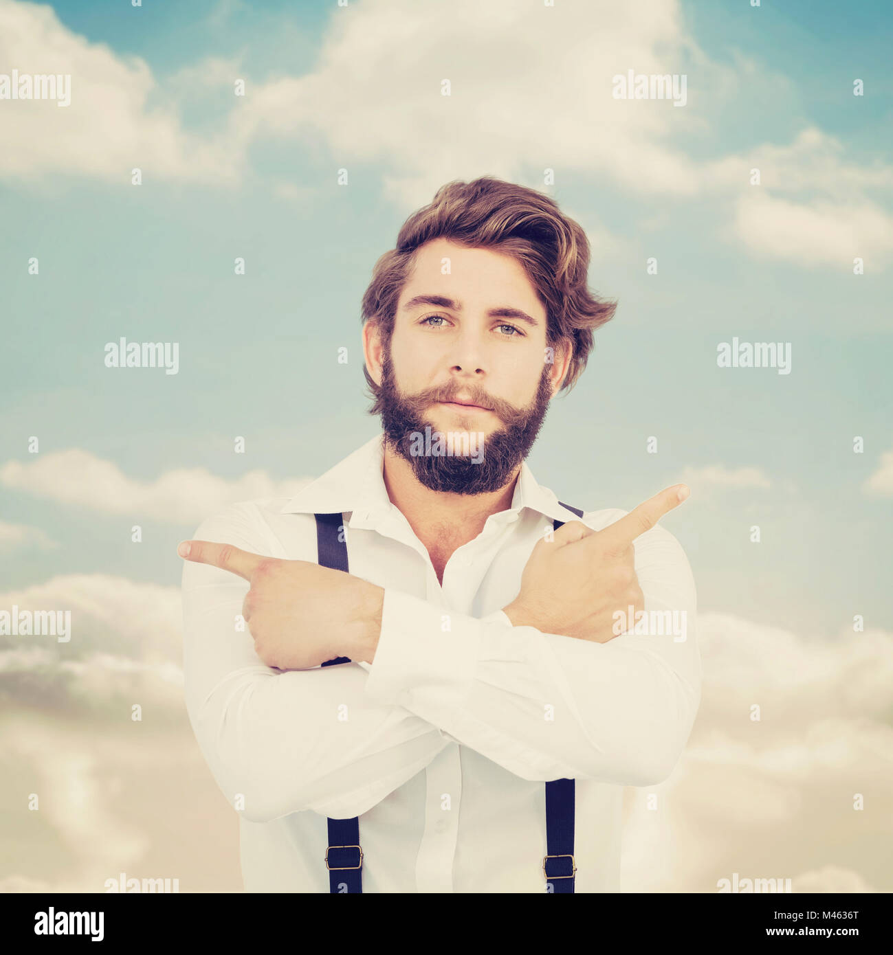 Composite image of confident hipster pointing sideways with arms ...
