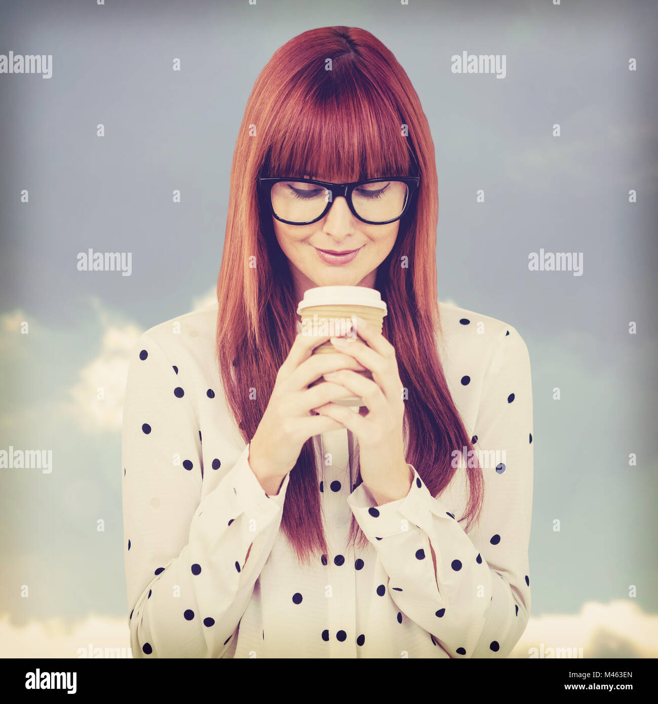 Composite image of smiling hipster woman drinking coffee Stock Photo ...