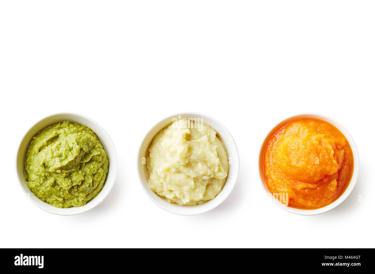 Green, yellow and orange baby puree in bowl isolated on white ...