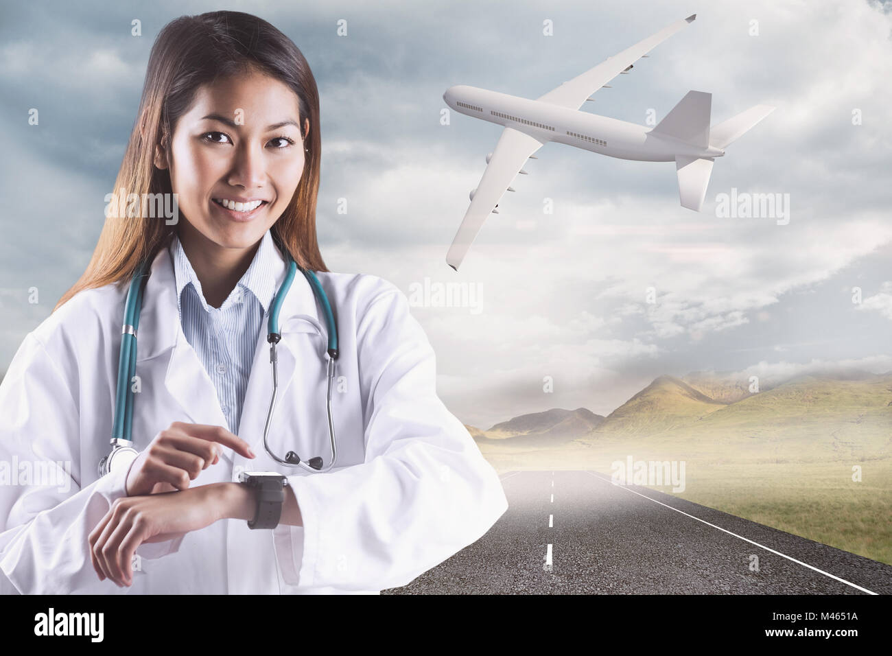 Composite image of asian doctor using her smart watch Stock Photo - Alamy