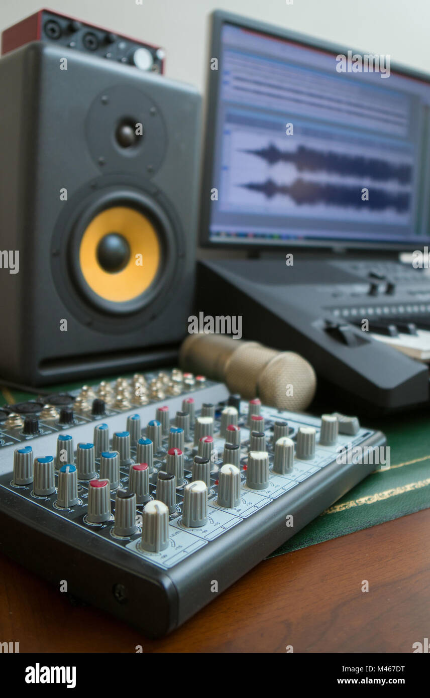 Mixer, condenser microphone and professional monitor. Concept of home ...